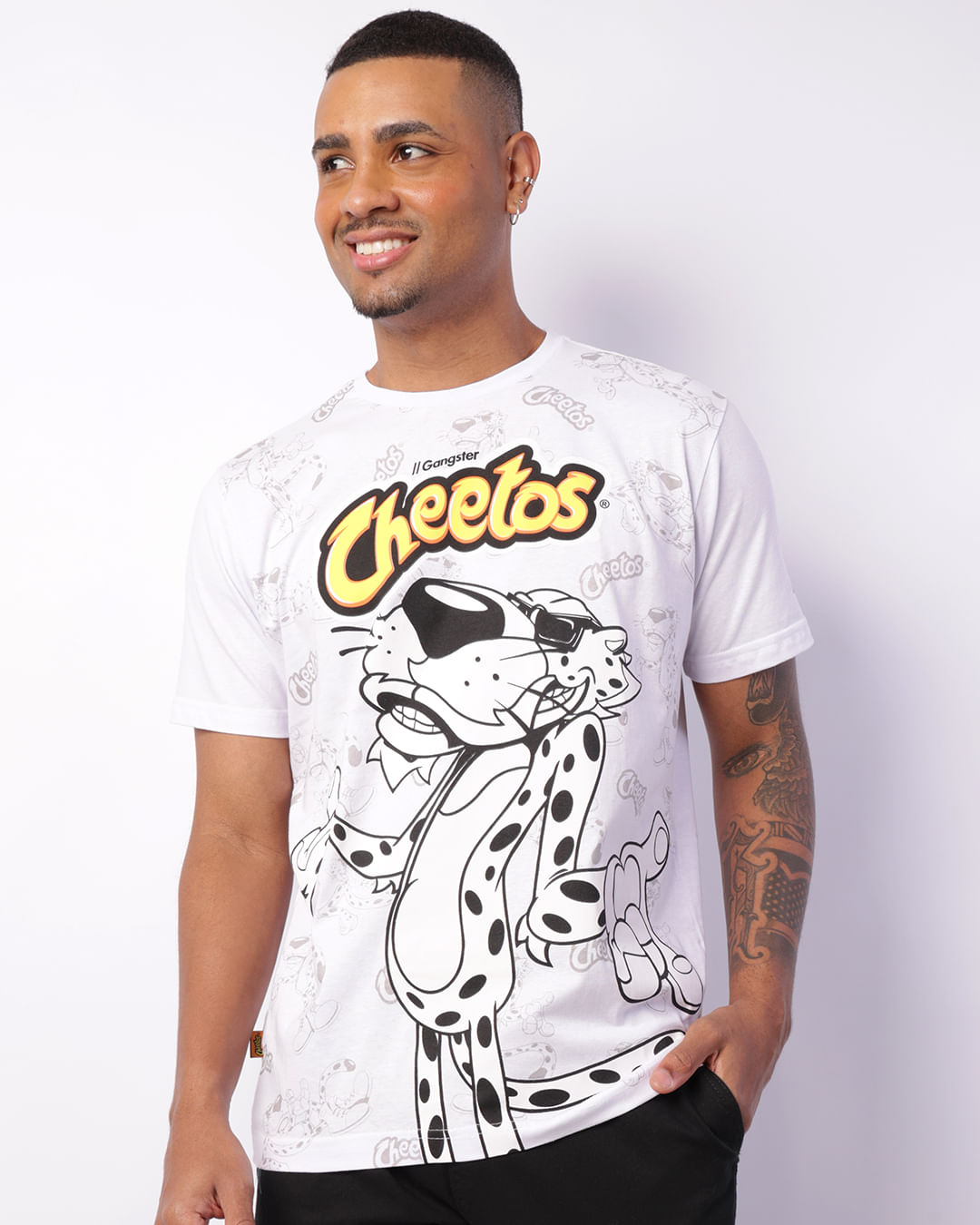 Camiseta Masculina Manga Curta Gangster Cheetos Branca