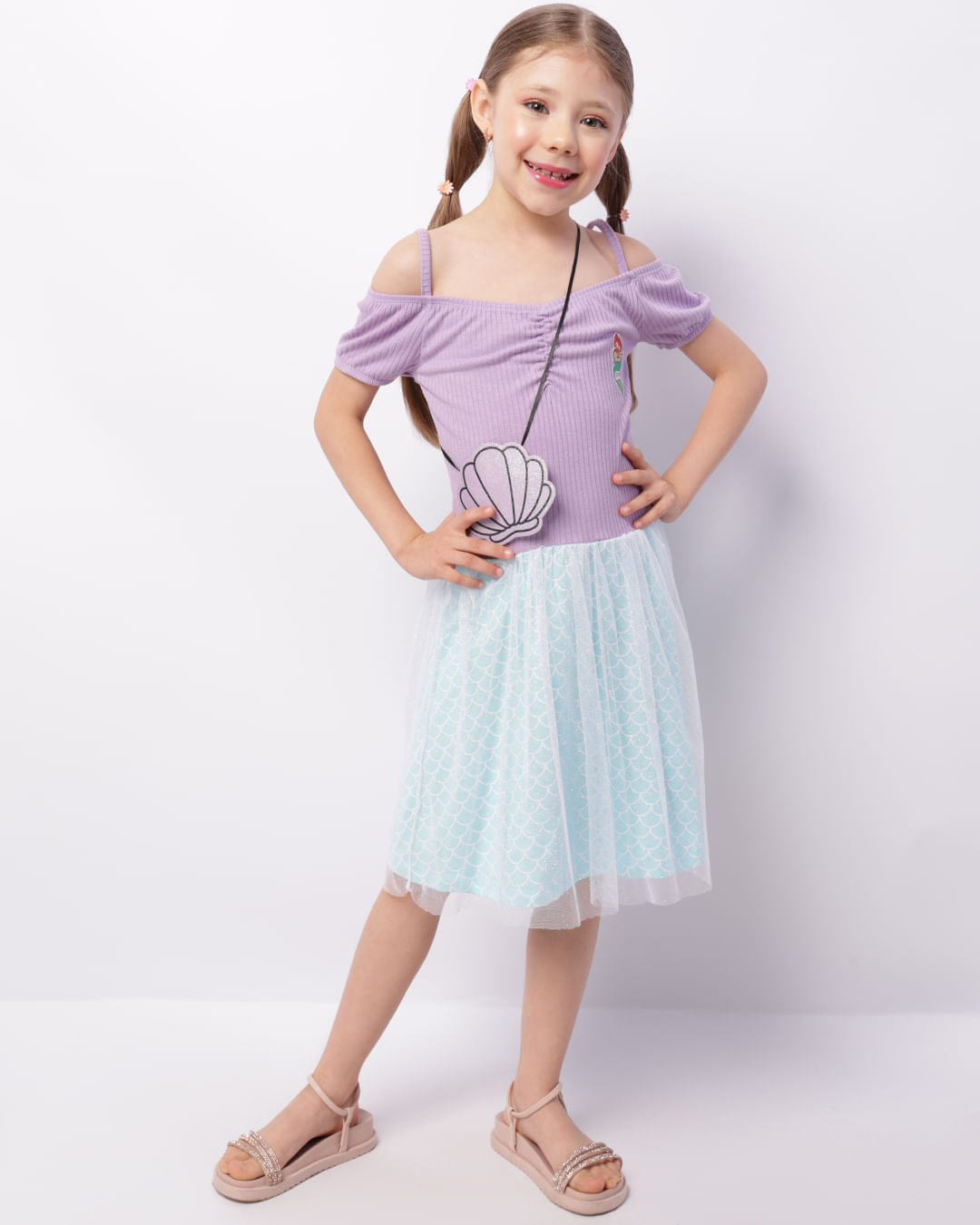 Vestido Infantil Disney Ariel Tule Glitter + Brinde Bolsinha De Concha ...
