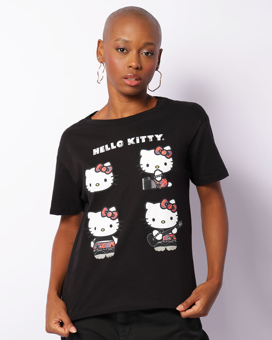 Camiseta Feminina Hello Kitty Manga Curta Preta