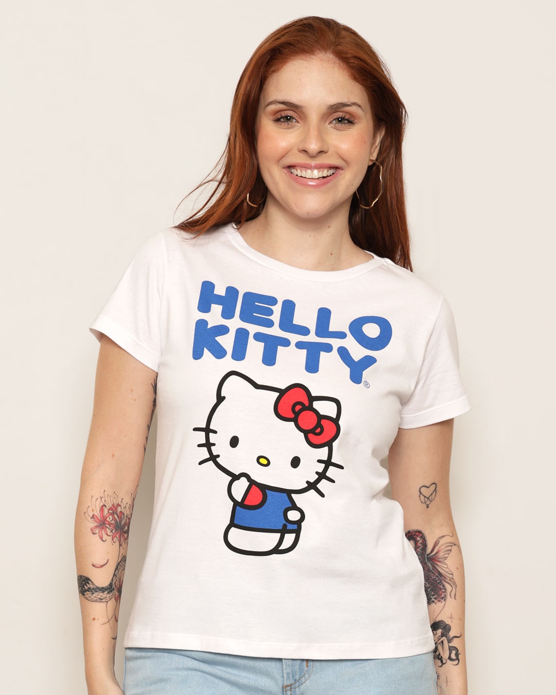 Camiseta Feminina Hello Kitty Manga Curta Branca