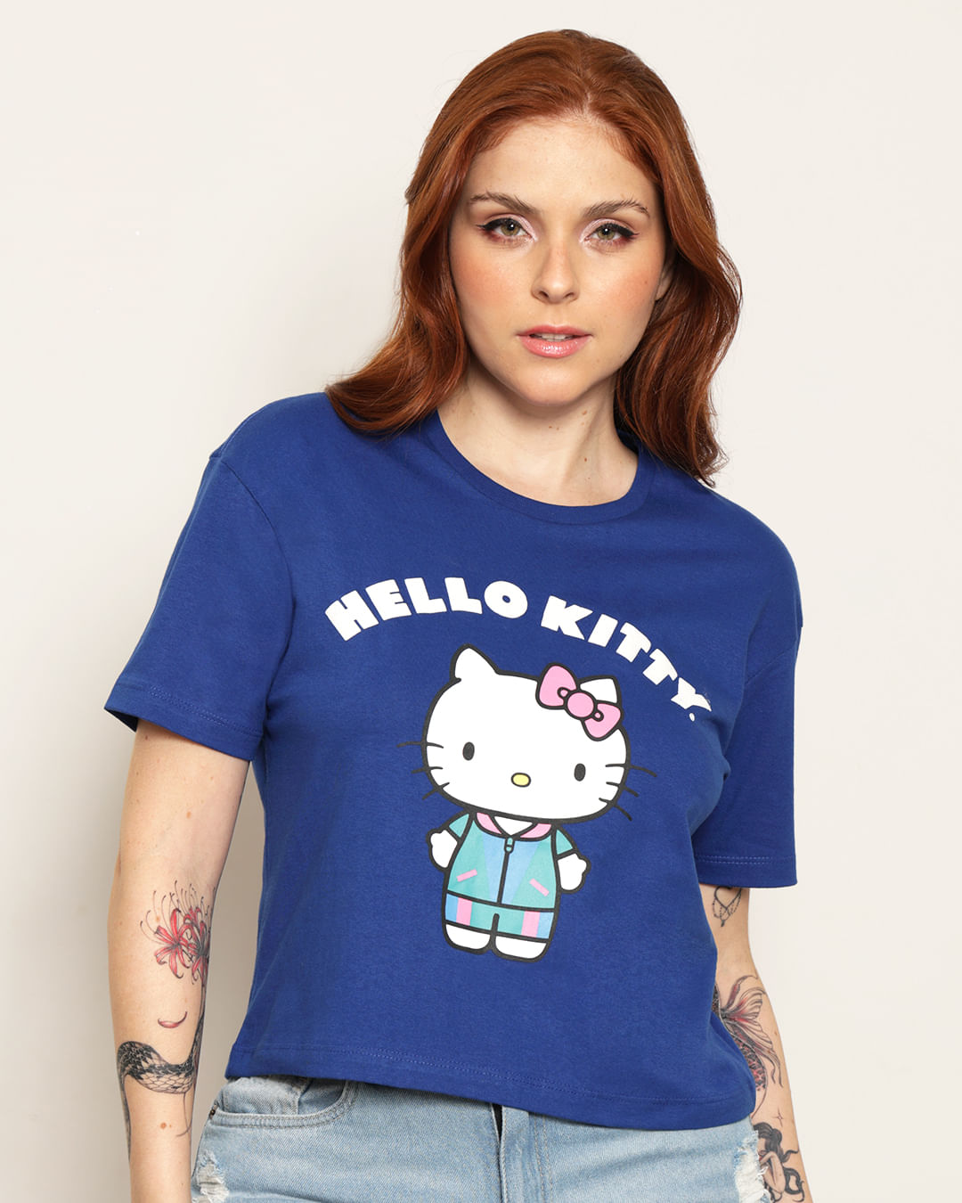 Camiseta Feminina Hello Kitty Manga Curta Azul