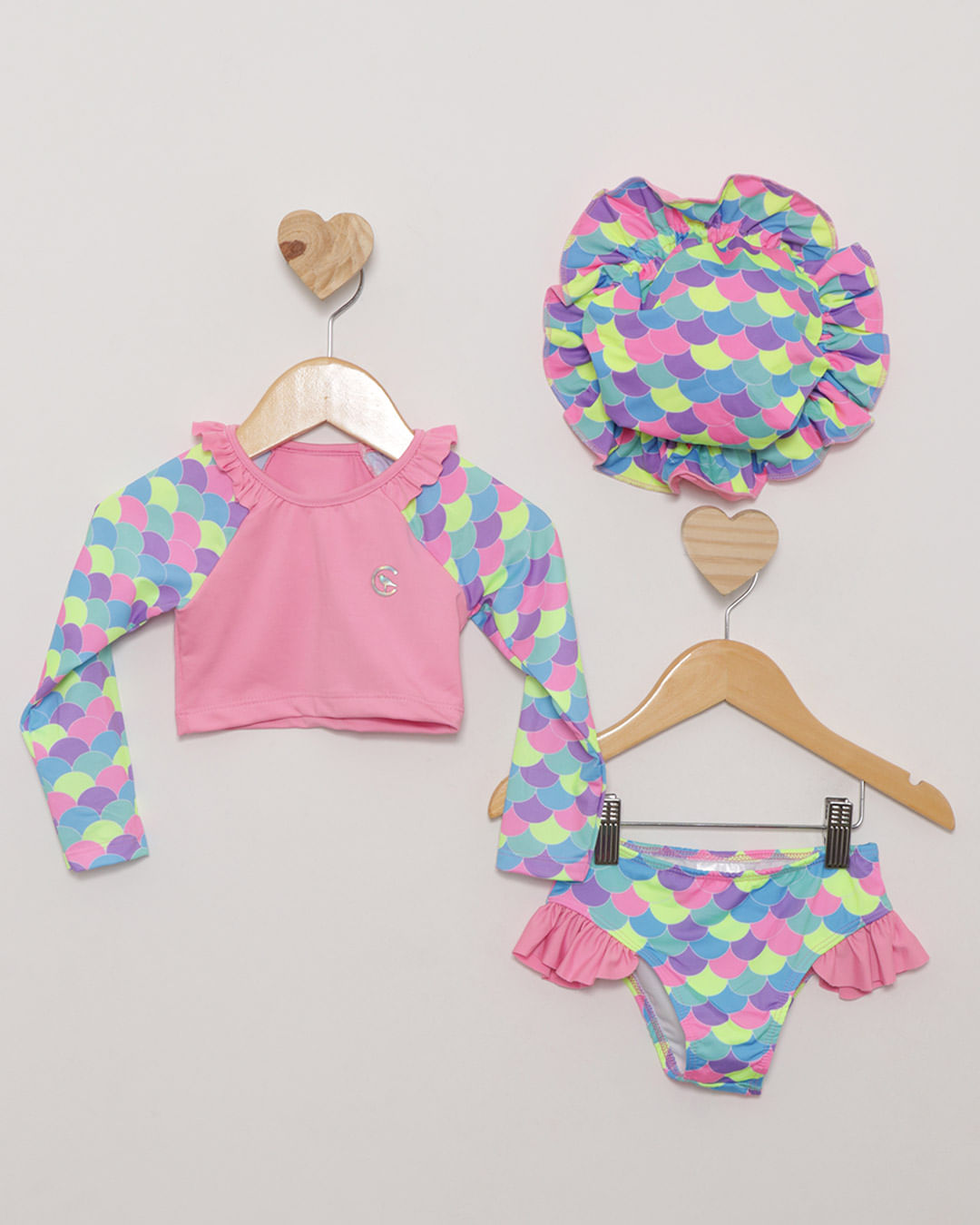 Conjunto Biquíni Cropped Bebê Proteção UV+50 Manga Raglan Chapéu Rosa