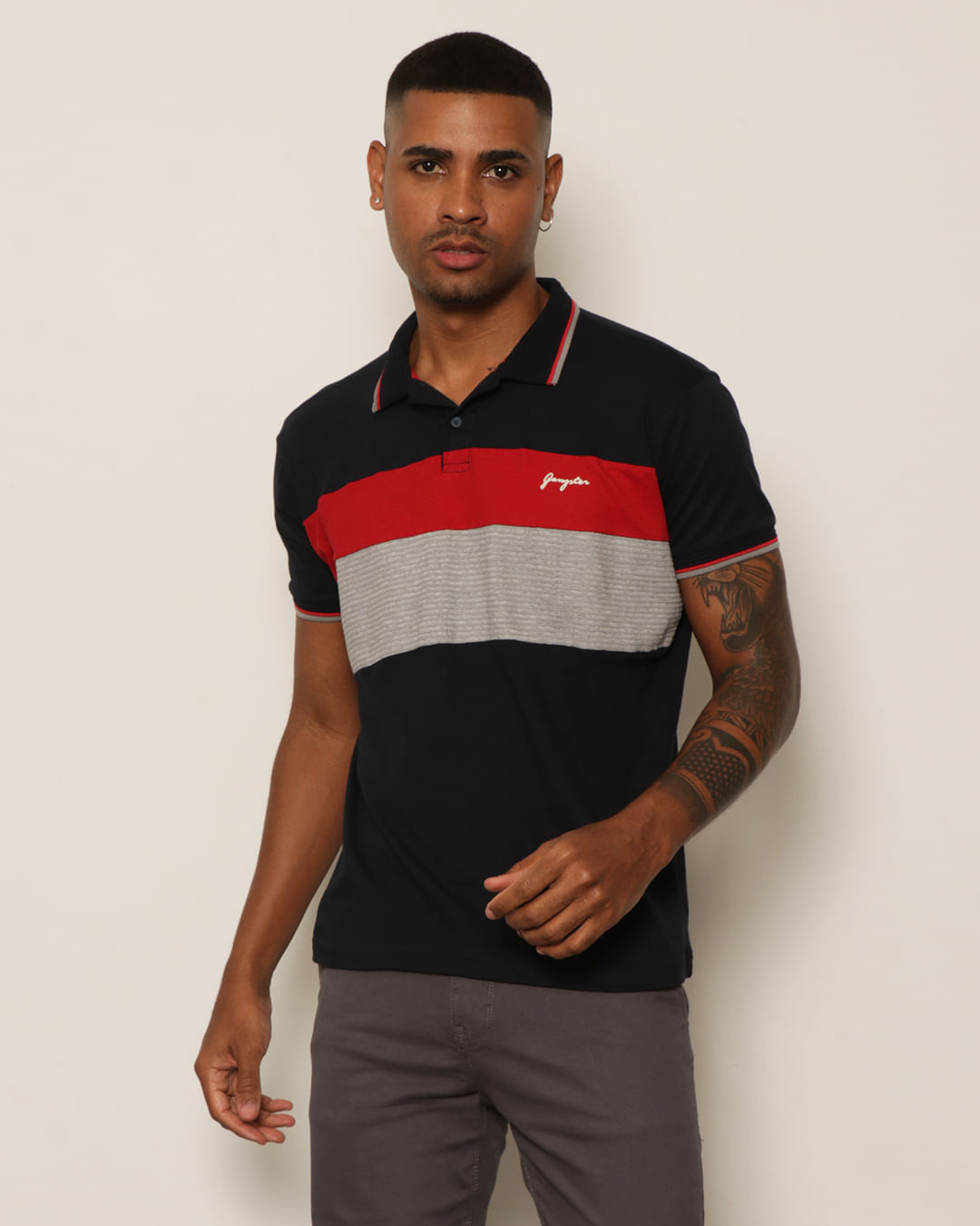 Camisa Polo Masculina Gangster Com Recortes Manga Curta Marinho