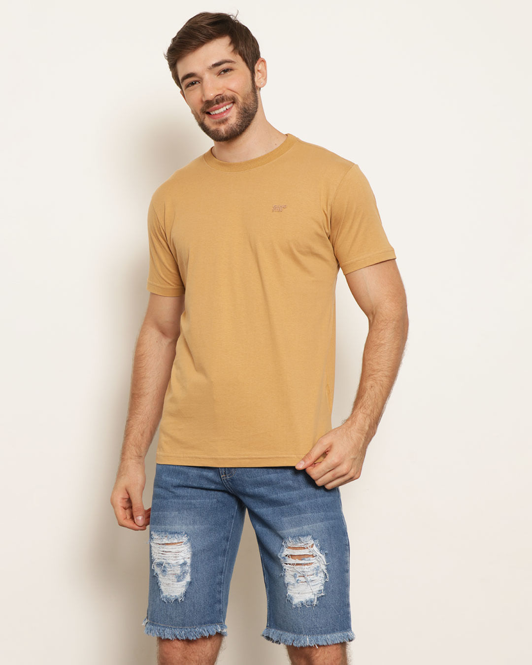 Camiseta Masculina Manga Curta Gangster Lisa Bege