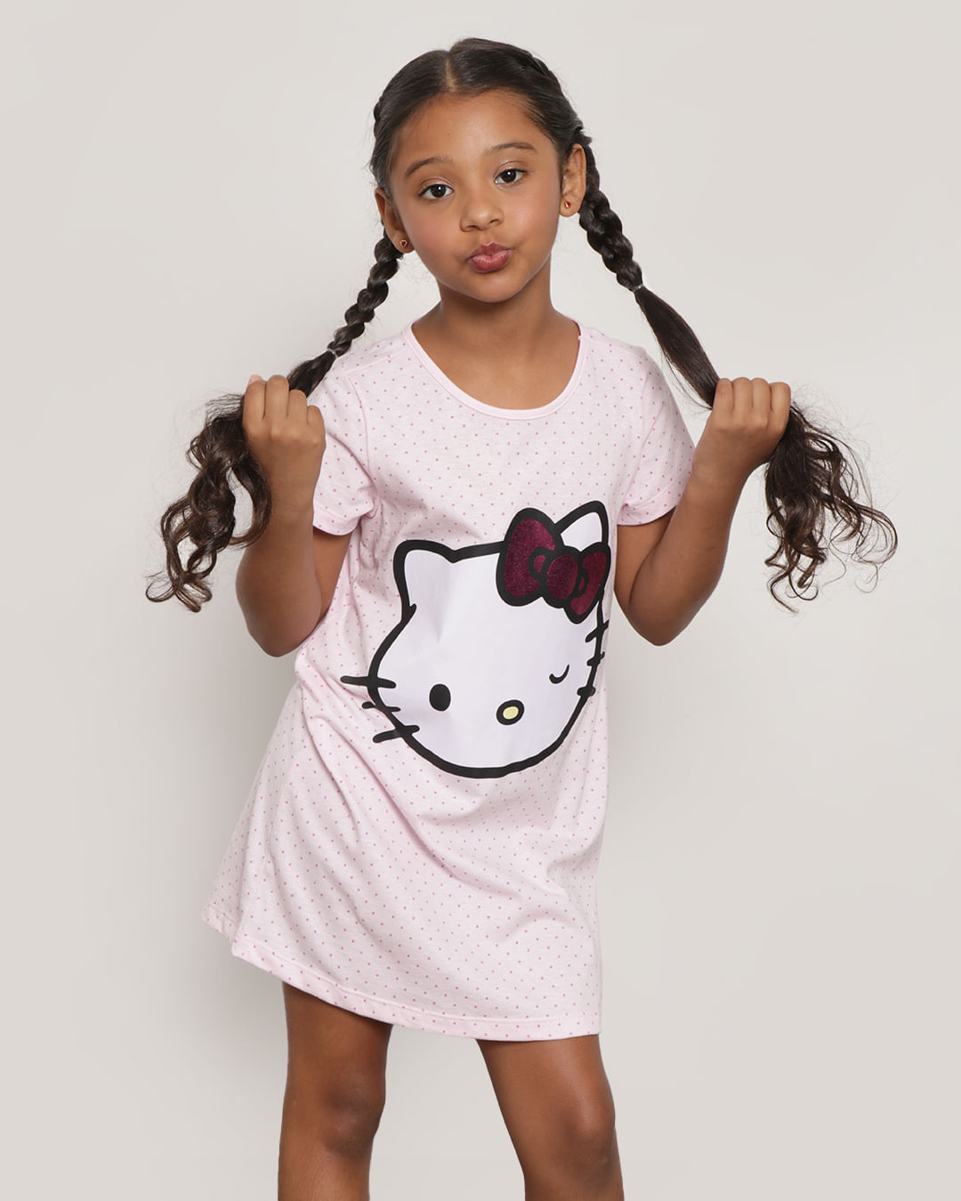 Camisola Infantil Hello Kitty Sanrio Manga Curta Poá Rosa