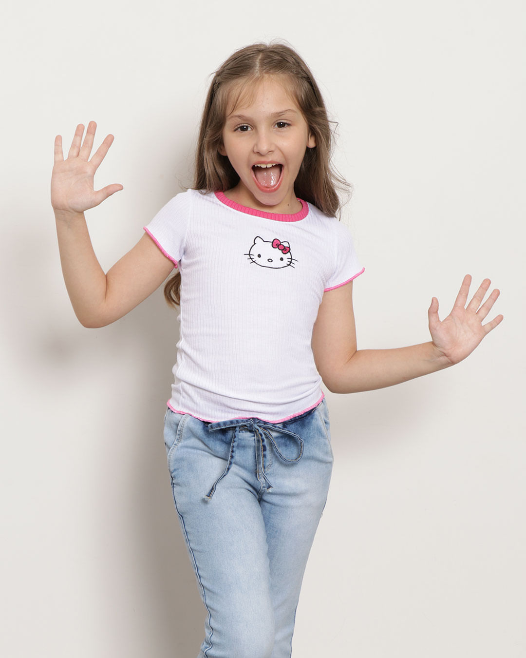 Blusa Infantil Manga Curta Bordado Hello Kitty Branca