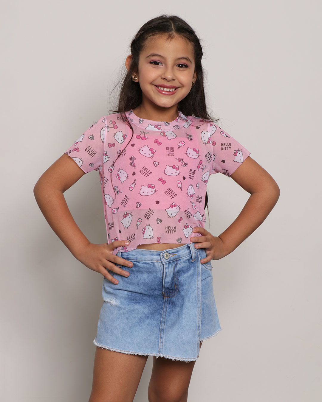Blusa Infantil Hello Kitty Sobreposição Malha Telada Manga Curta Rosa