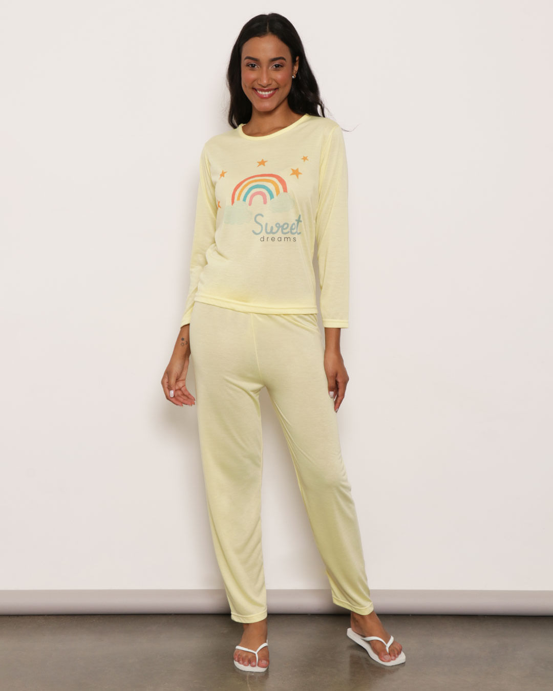 Pijama Feminino Longo Estampa Sweet Dreams Amarelo