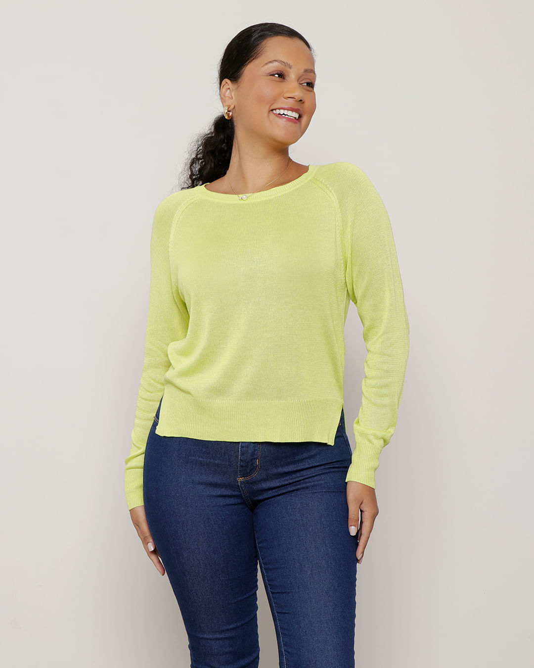 Suéter Feminino Manga Longa Tricô Mullet Verde Neon