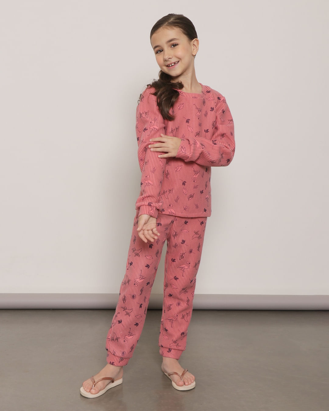 Pijama Infantil Longo Soft Estampado Folhagens e Flamingo Rosa