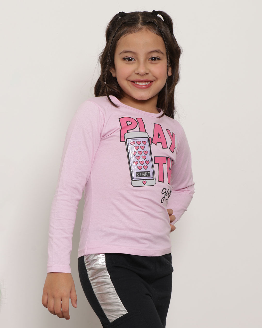 Blusa Infantil Manga Longa Estampa Play The Game Rosa