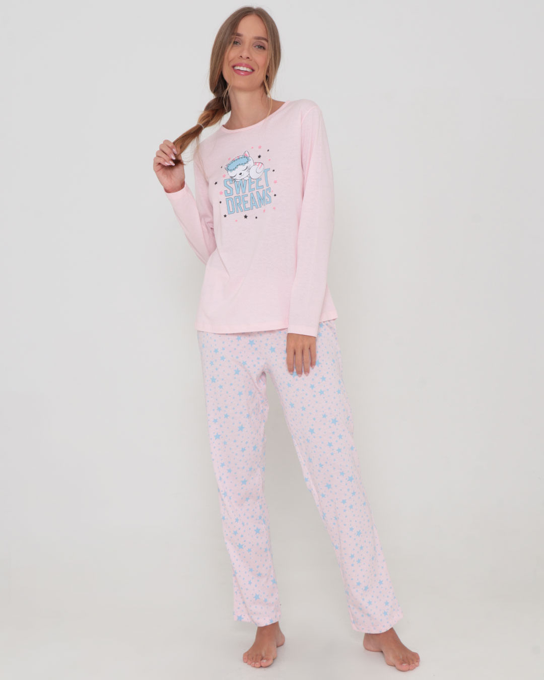 Pijama Feminino Longo Estampa Sweet Dreams Rosa Claro | Lojas Torra ...