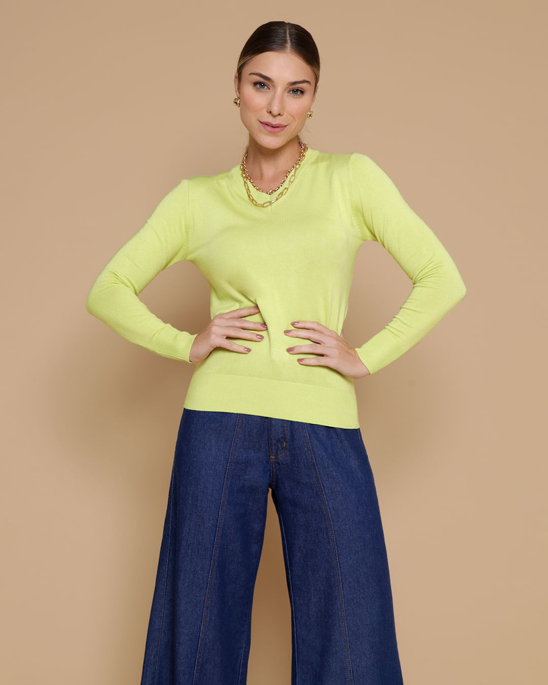 Suéter Tricô Feminino Gola V Verde Neon