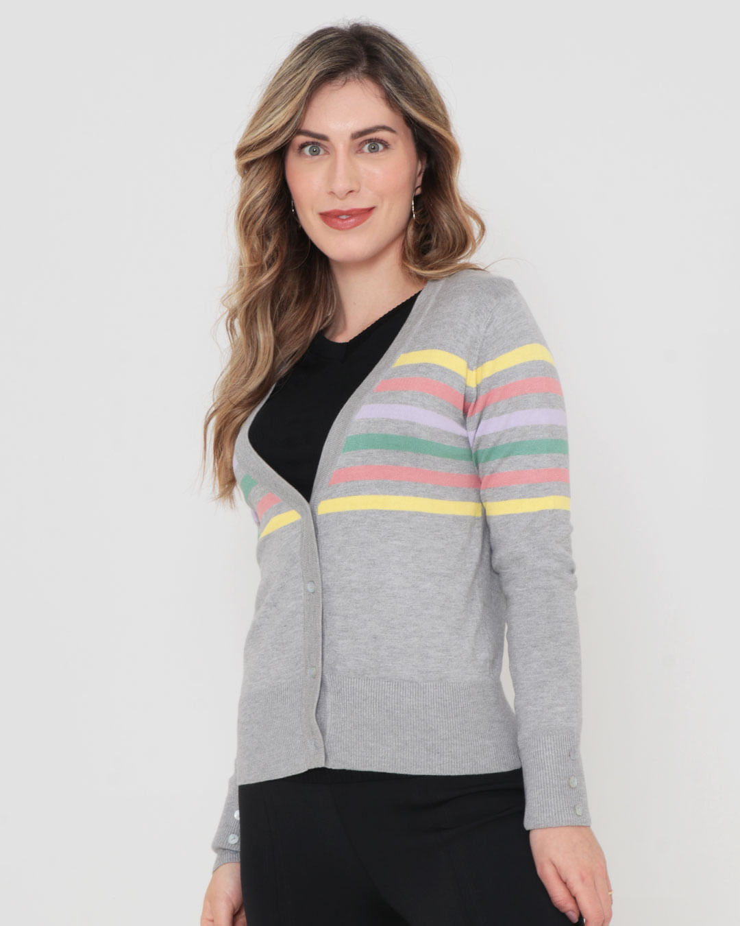 Cardigan Feminino Tricô Listras Cinza | Lojas Torra