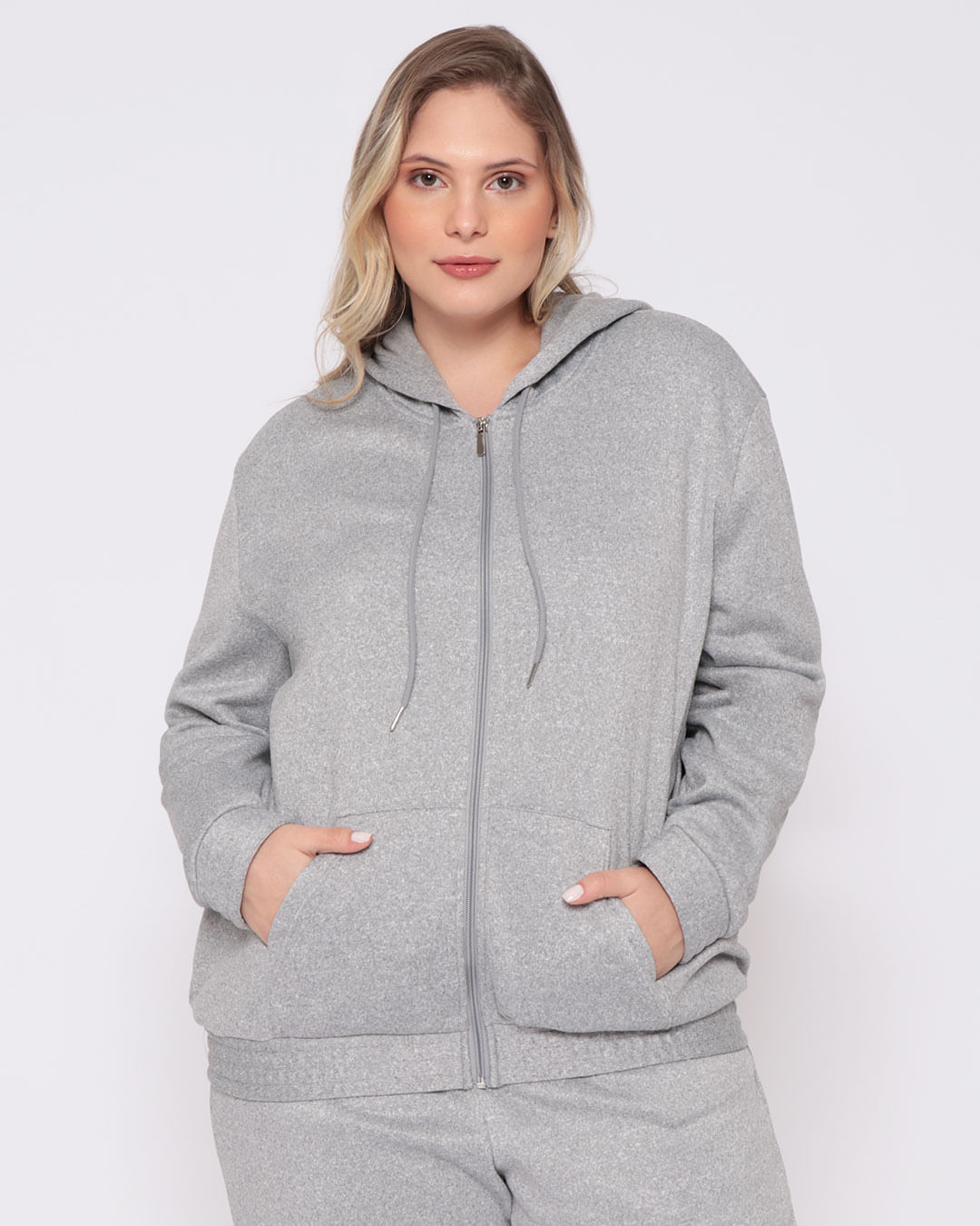 Casaco Moletom Feminino Plus Size Com Zíper Cinza | Lojas Torra