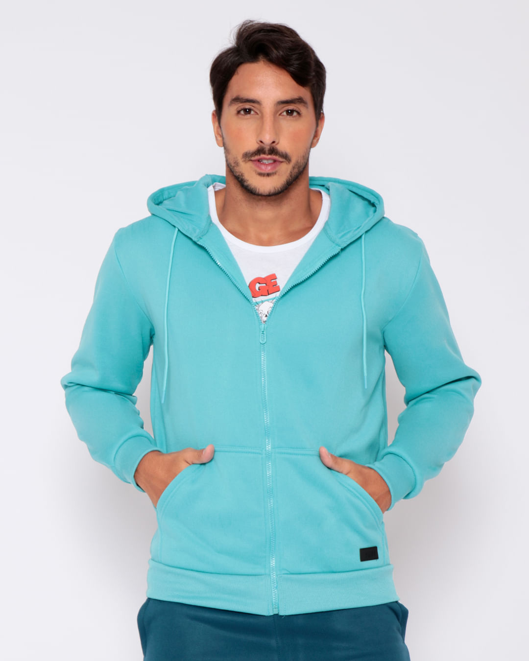 Casaco Moletom Masculino Com Zíper Capuz Azul Claro