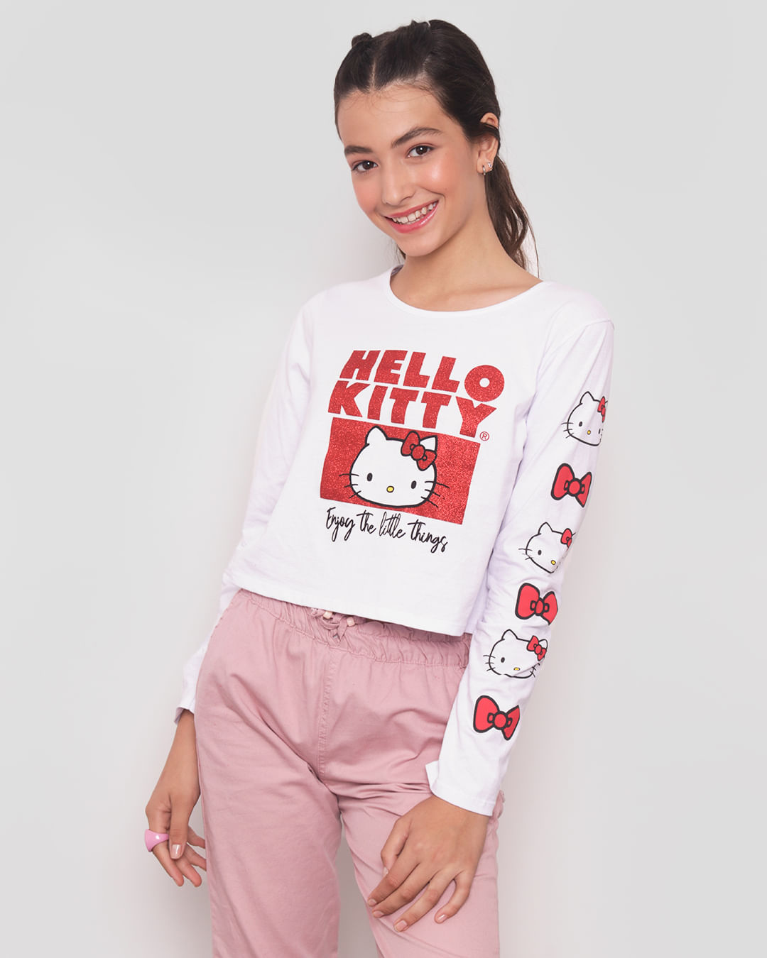 Blusa Juvenil Cropped Manga Longa Hello Kitty Branca