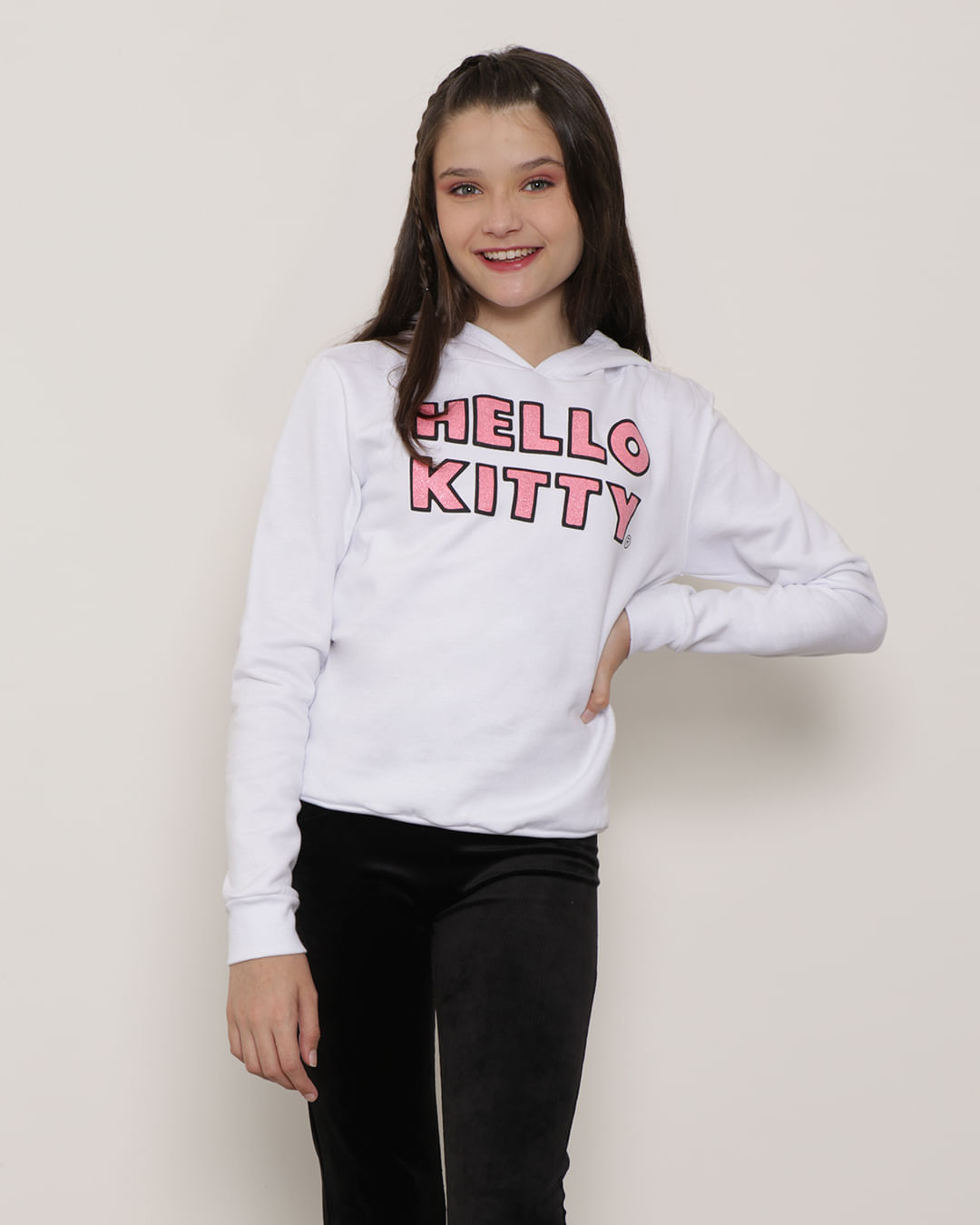 Blusão Moletom Juvenil Estampa Nas Costas Hello Kitty Branco