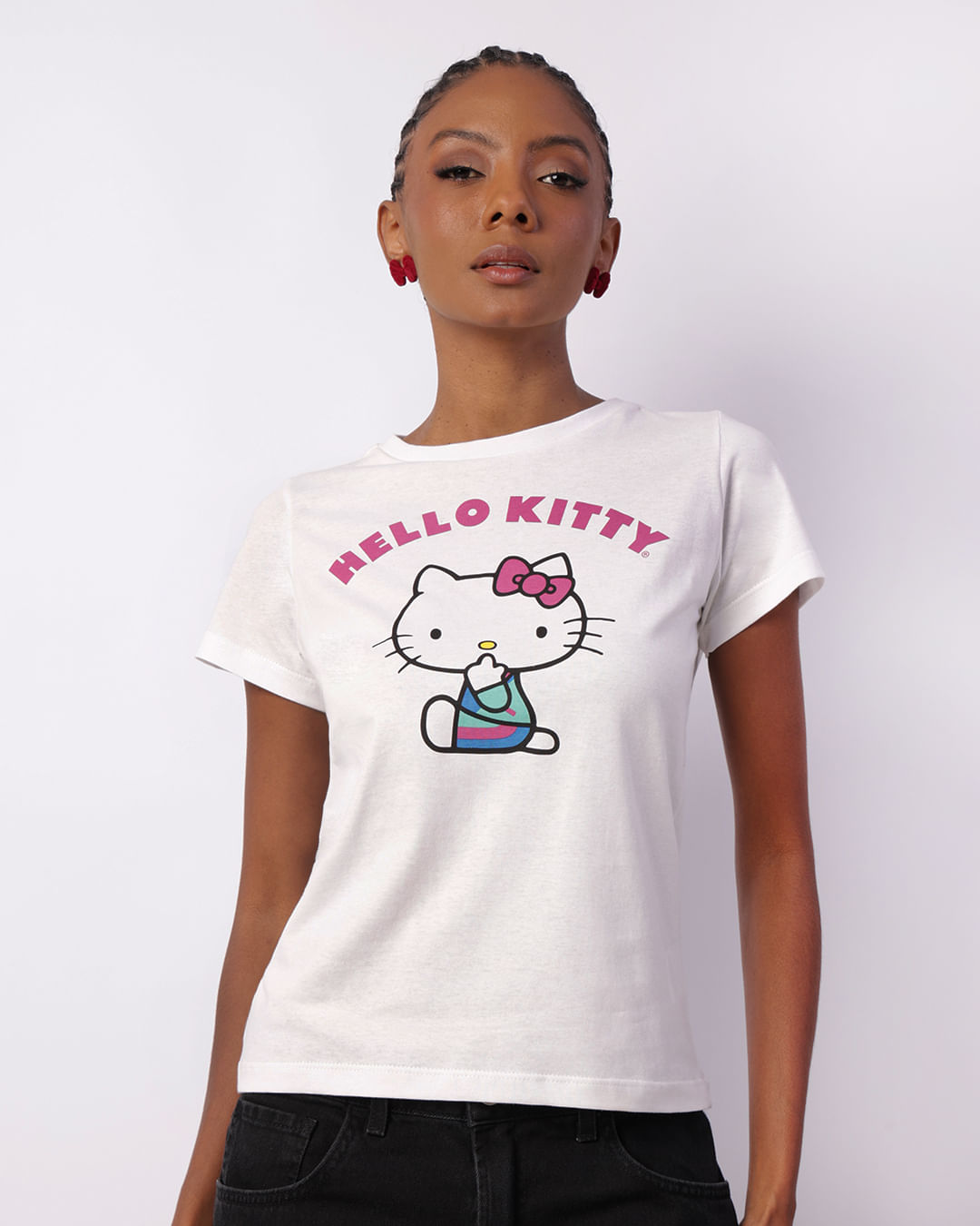 Camiseta Feminina Hello Kitty Manga Curta Branca