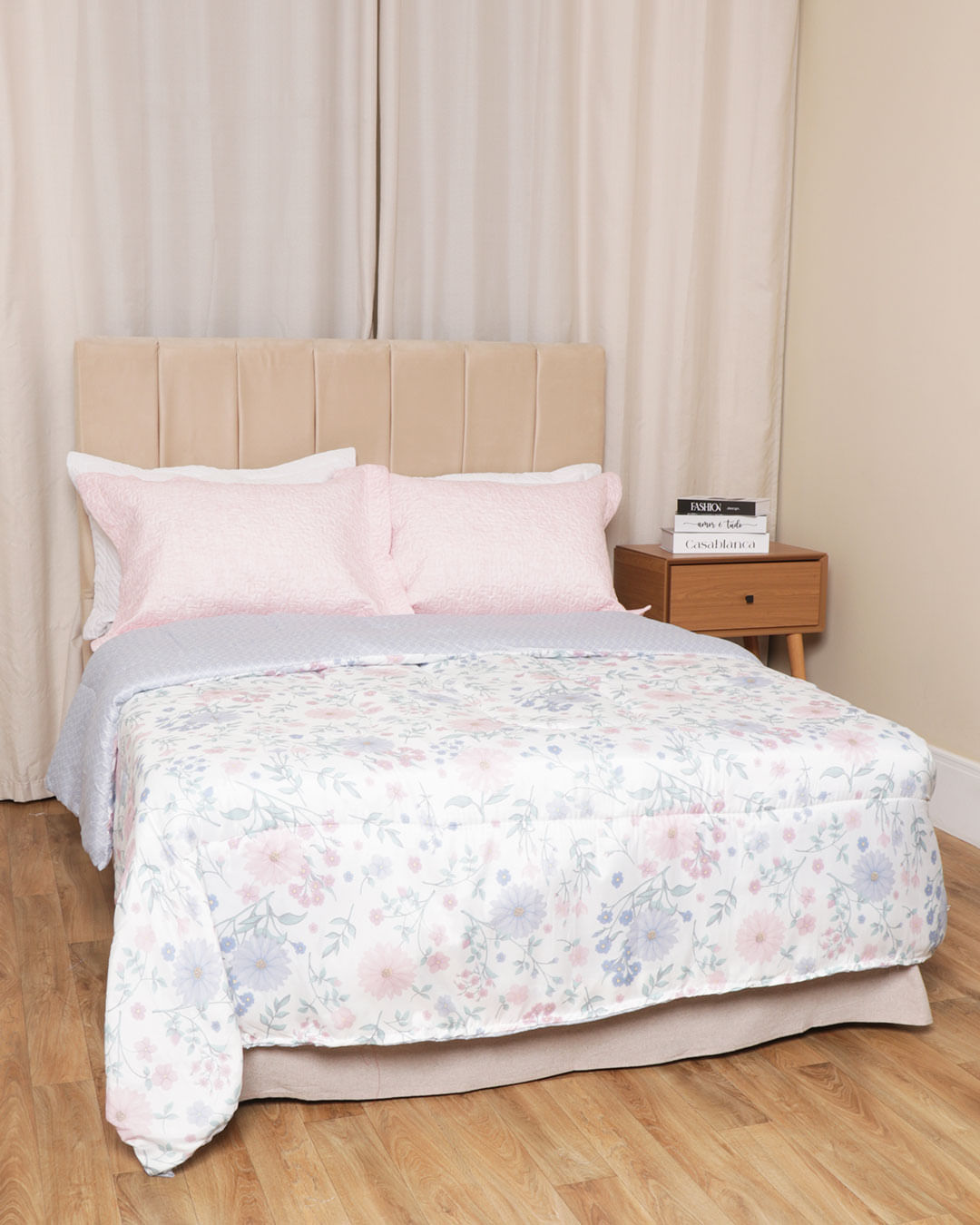 Edredom Queen Andreza Dupla Face Estampa Floral Branco