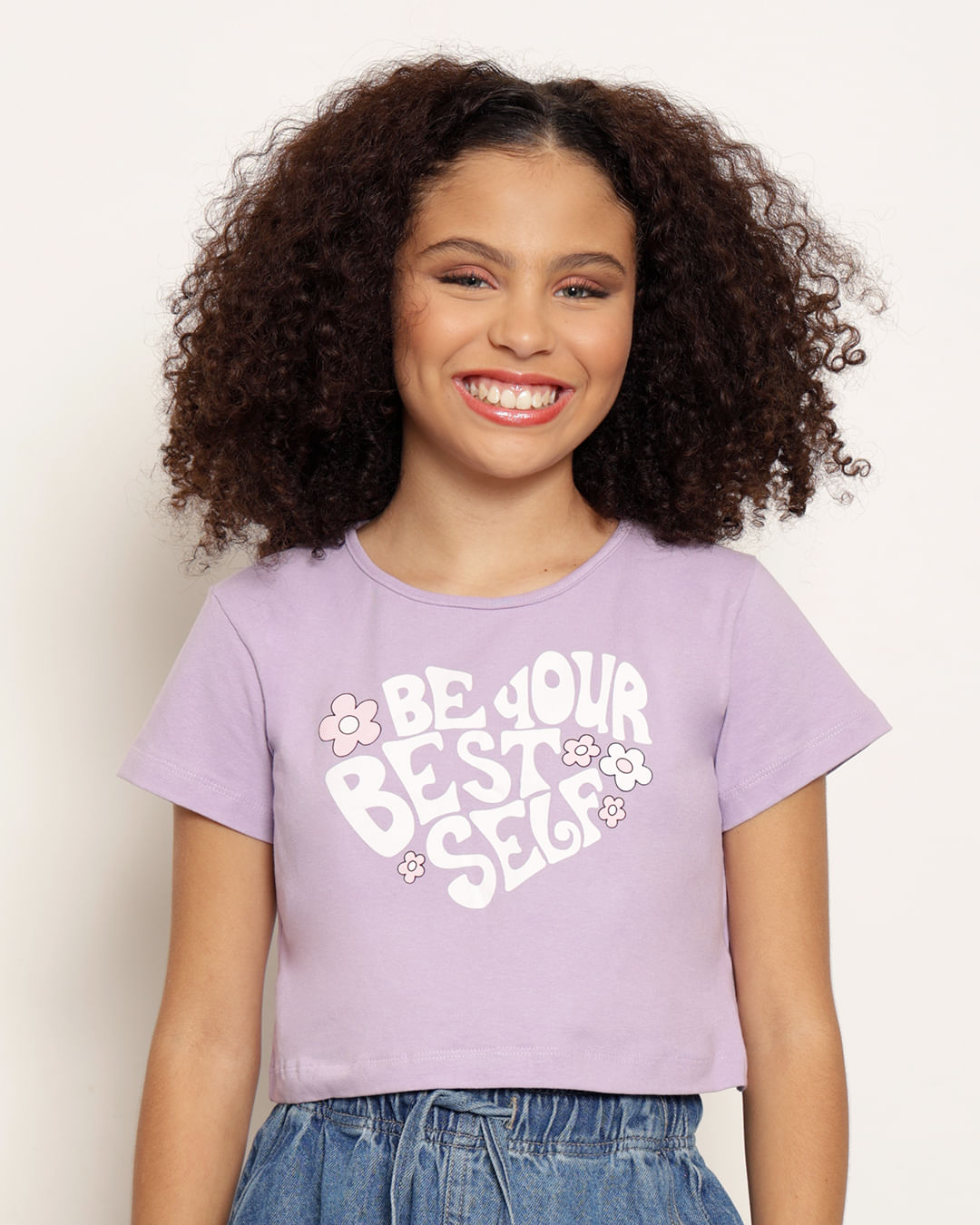 Blusa Cropped Juvenil Estampa Flores Manga Curta Lilás