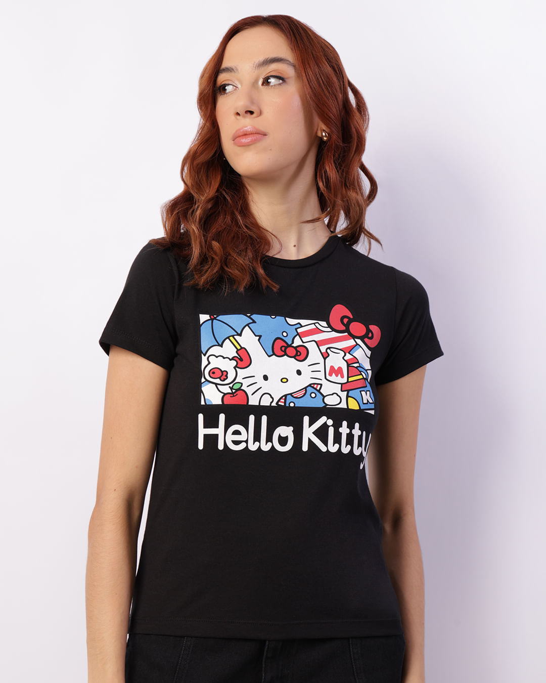 Camiseta Feminina Hello Kitty Manga Curta Preta