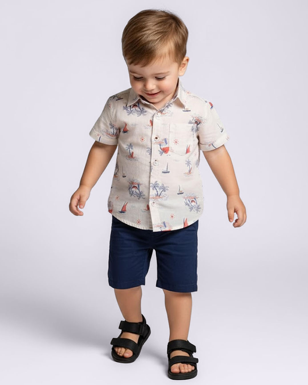 Camisa Bebê Viscose Estampada Tropical com Bolso Off White