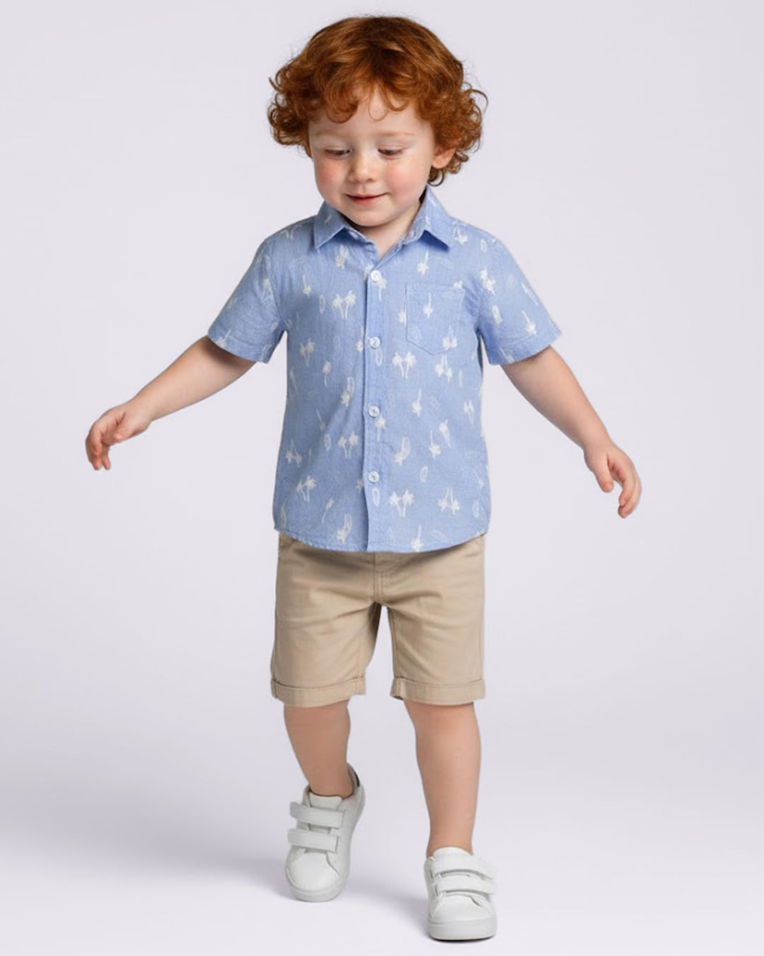 Camisa Bebê Viscose Estampada Tropical com Bolso Azul