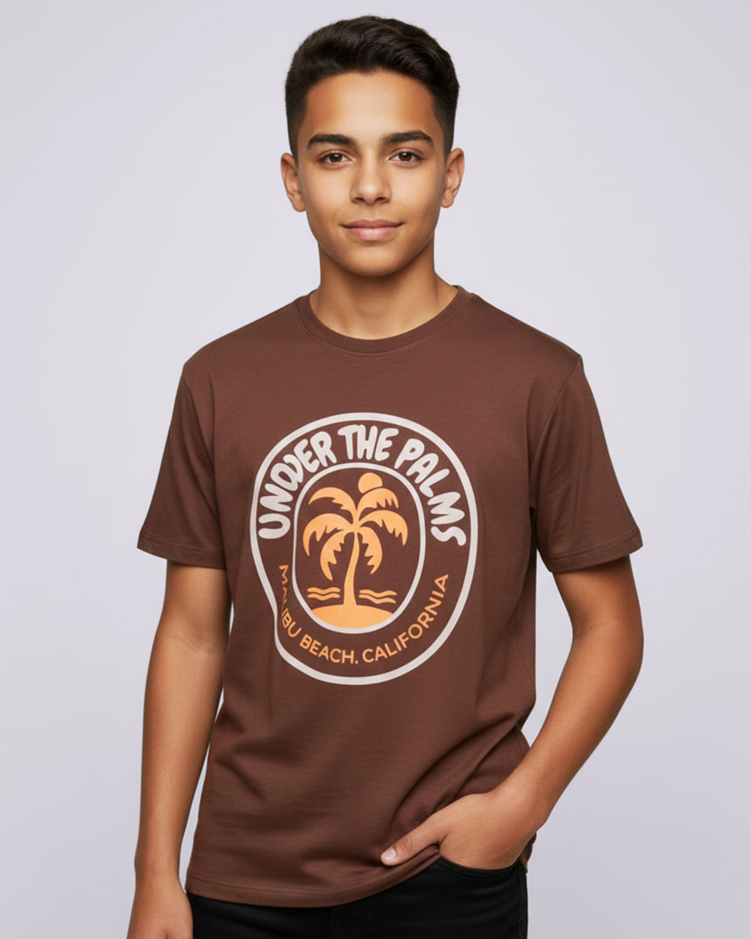 Camiseta Juvenil Algodão Manga Curta Estampa Tropical Marrom