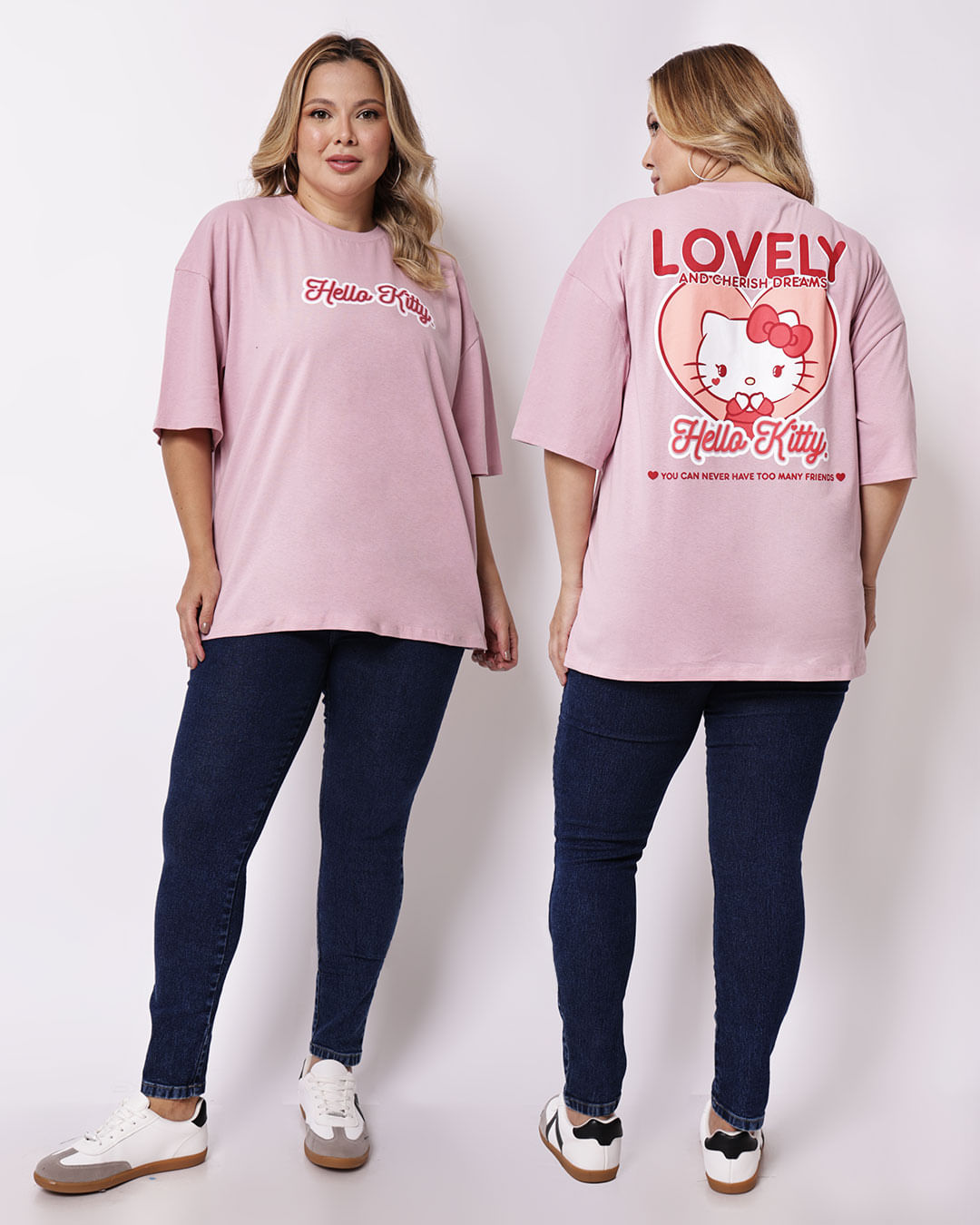 Camiseta Plus Size Feminina Estampa Frente e Costas Hello Kitty Rosa