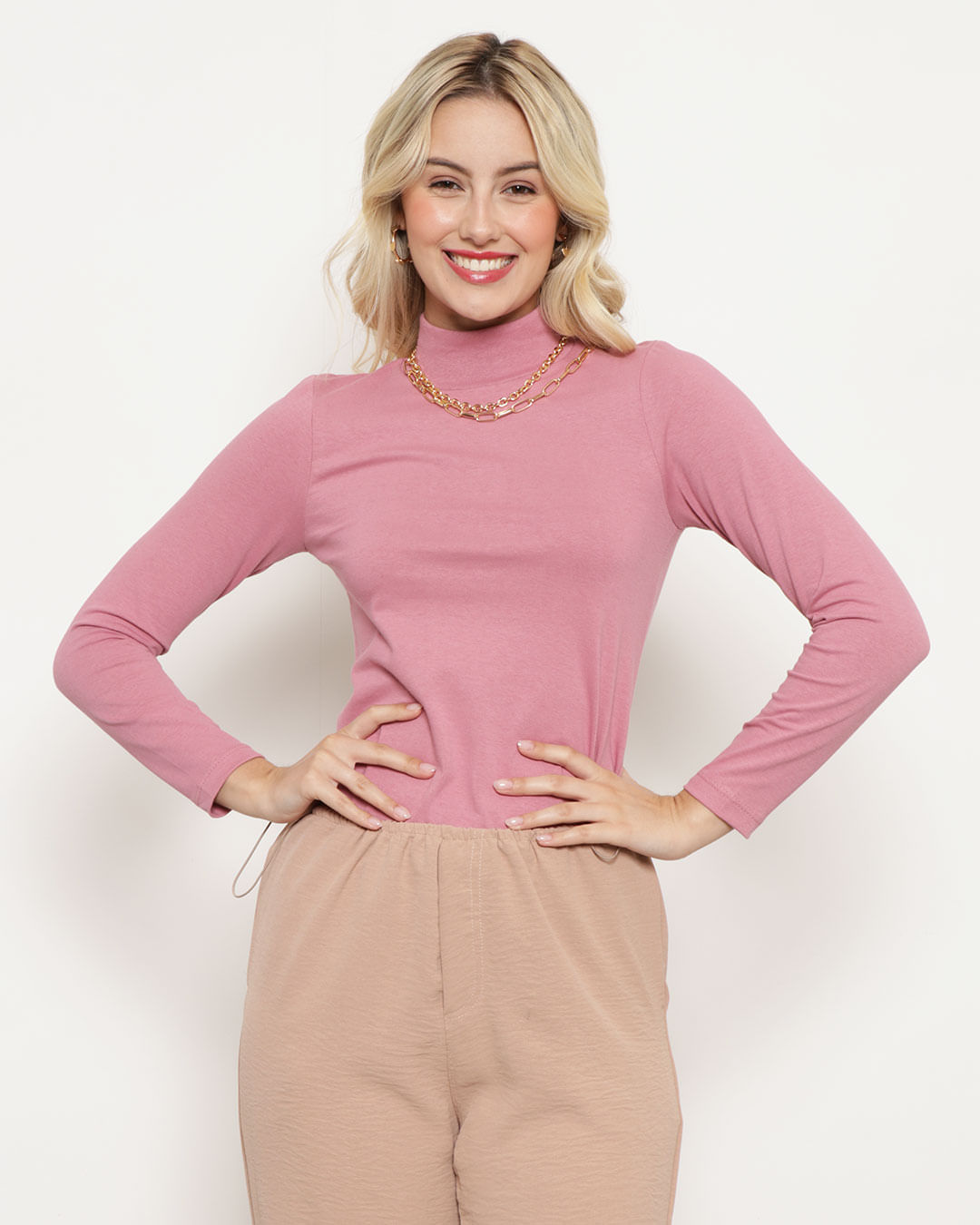 Blusa Feminina Gola Alta Com Manga Longa Rosa | Lojas Torra